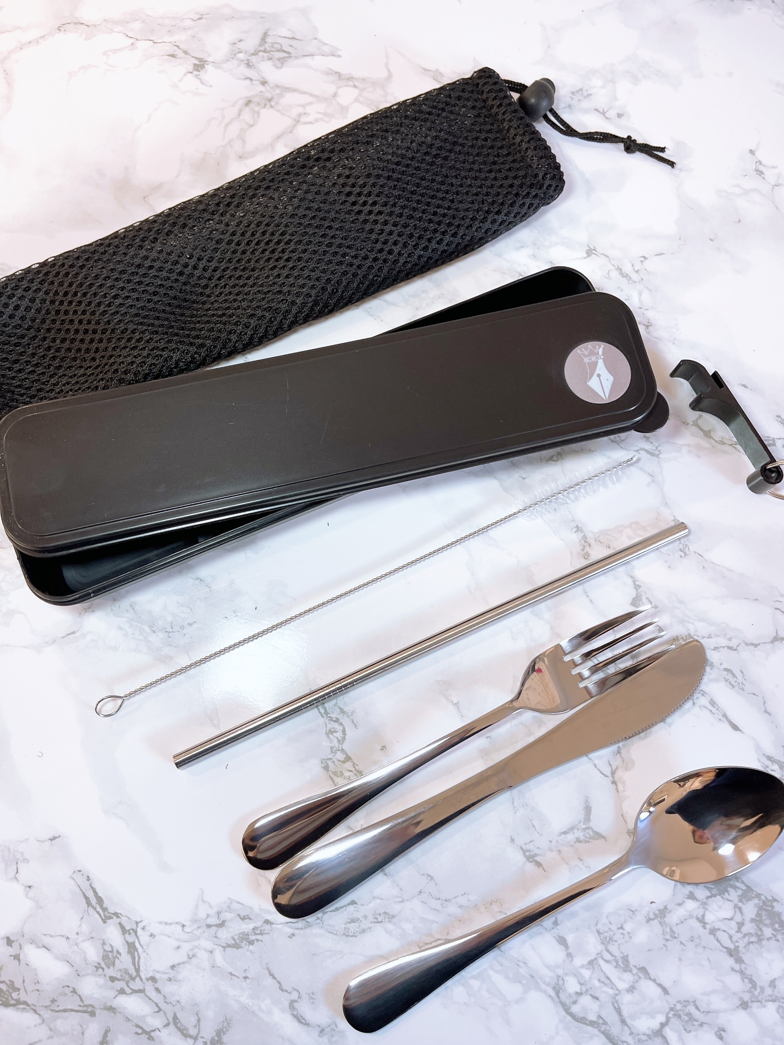 BLACK - Travel Reuseable Cutlery Set Stainless Steel In Carry Case